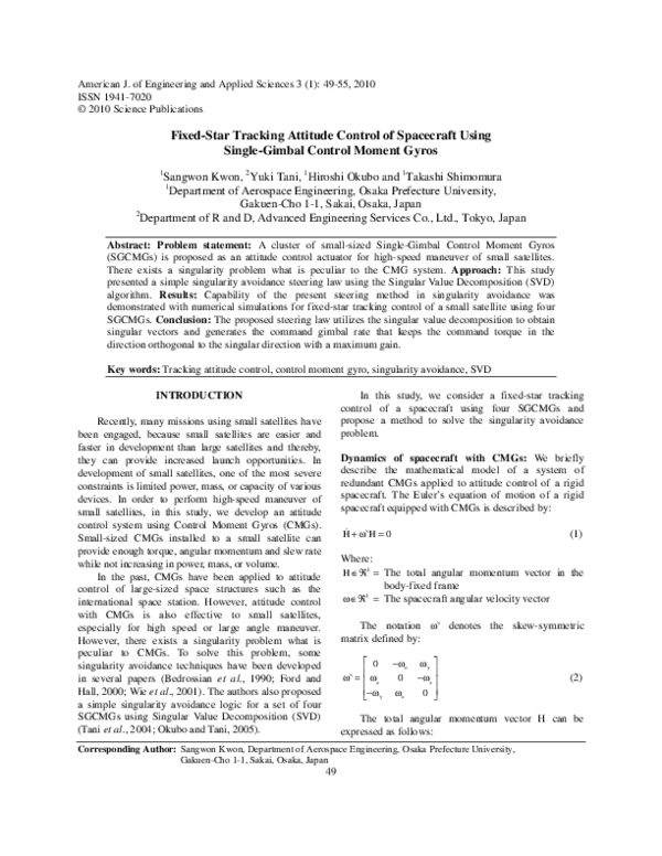 (PDF) Fixed-Star Tracking Attitude Control of Spacecraft Using Single-Gimbal Control Moment Gyros