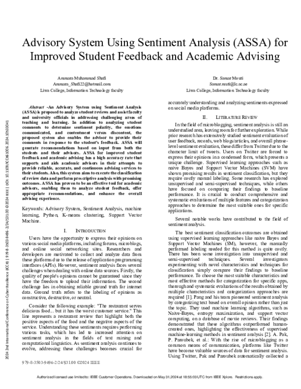 (PDF) Advisory System Using Sentiment Analysis (ASSA) for Improved Student Feedback and Academic ...