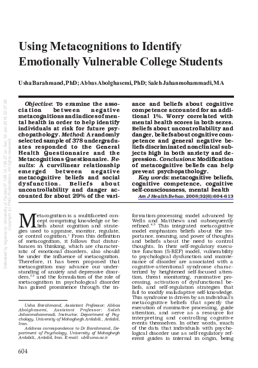 (PDF) Using Metacognitions to Identify Emotionally Vulnerable College Students