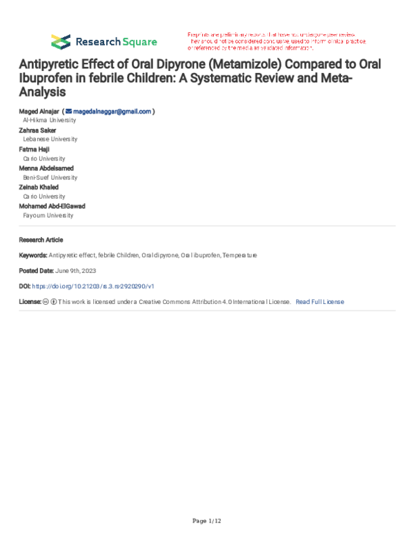 (PDF) Antipyretic Effect of Oral Dipyrone (Metamizole) Compared to Oral ...