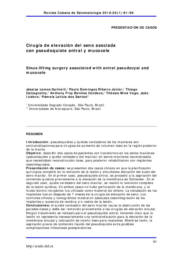 (PDF) Cirugía de elevación del seno asociada con pseudoquiste antral y ...