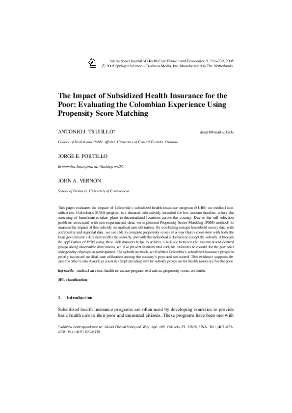(PDF) The Impact of Subsidized Health Insurance for the Poor ...