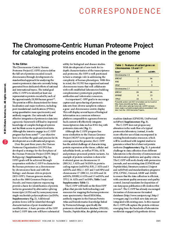 (PDF) The Chromosome-Centric Human Proteome Project for cataloging ...