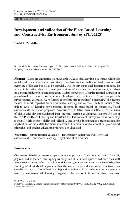 (PDF) Development and validation of the Place-Based Learning and Constructivist Environment ...