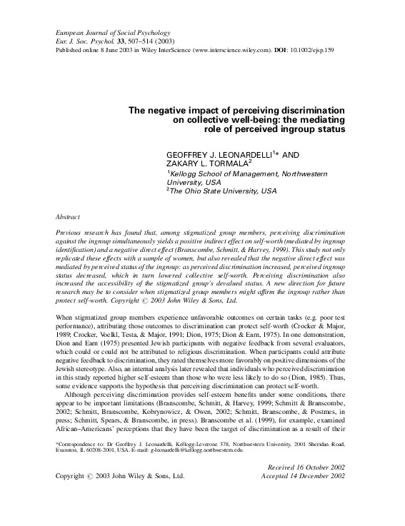 (PDF) The negative impact of perceiving discrimination on collective ...