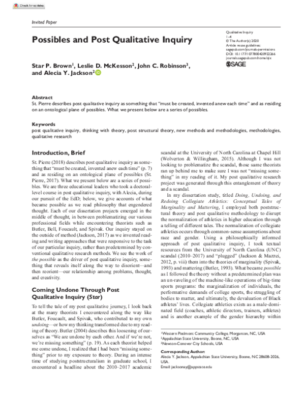 (PDF) Possibles and Post Qualitative Inquiry