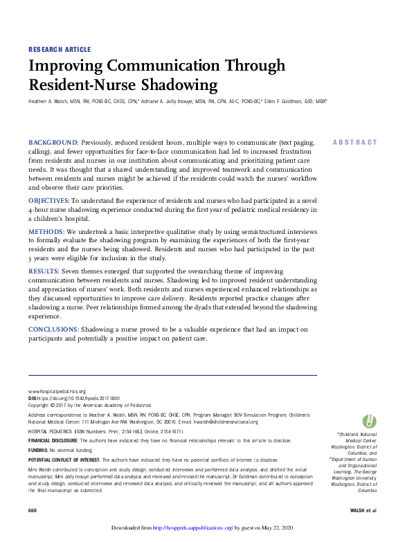 (PDF) Improving Communication Through Resident-Nurse Shadowing