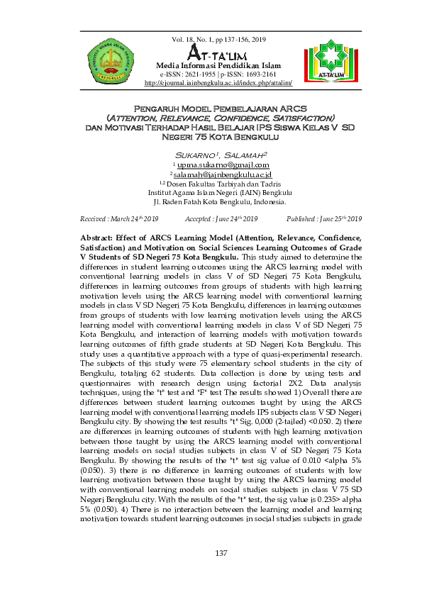 (PDF) Pengaruh Model Pembelajaran ARCS (Attention, Relevance ...