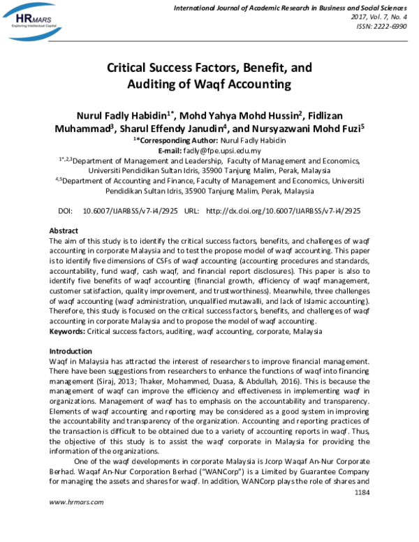 (PDF) Critical Success Factors, Benefit, and Auditing of Waqf Accounting