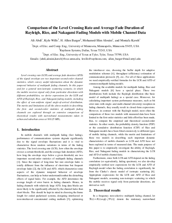 (PDF) Comparison of the level crossing rate and average fade duration of Rayleigh, Rice and ...