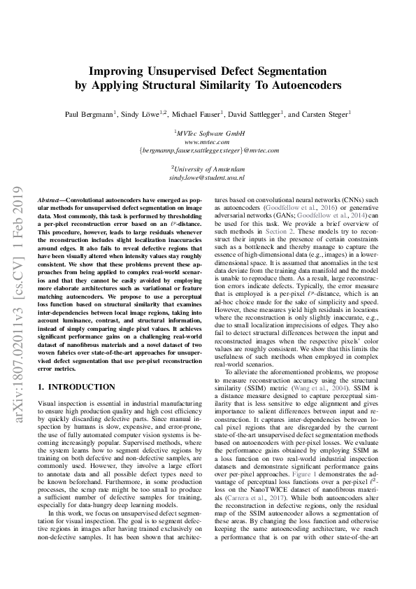 Pdf Improving Unsupervised Defect Segmentation By Applying Structural Similarity To Autoencoders