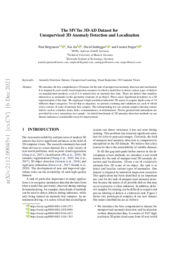 Pdf The Mvtec 3d Ad Dataset For Unsupervised 3d Anomaly Detection And