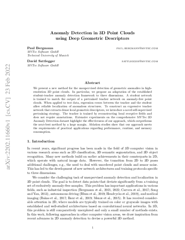 (PDF) Anomaly Detection in 3D Point Clouds using Deep Geometric Descriptors