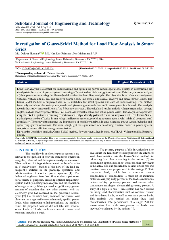 (PDF) Investigation of Gauss-Seidel Method for Load Flow Analysis in Smart Grids
