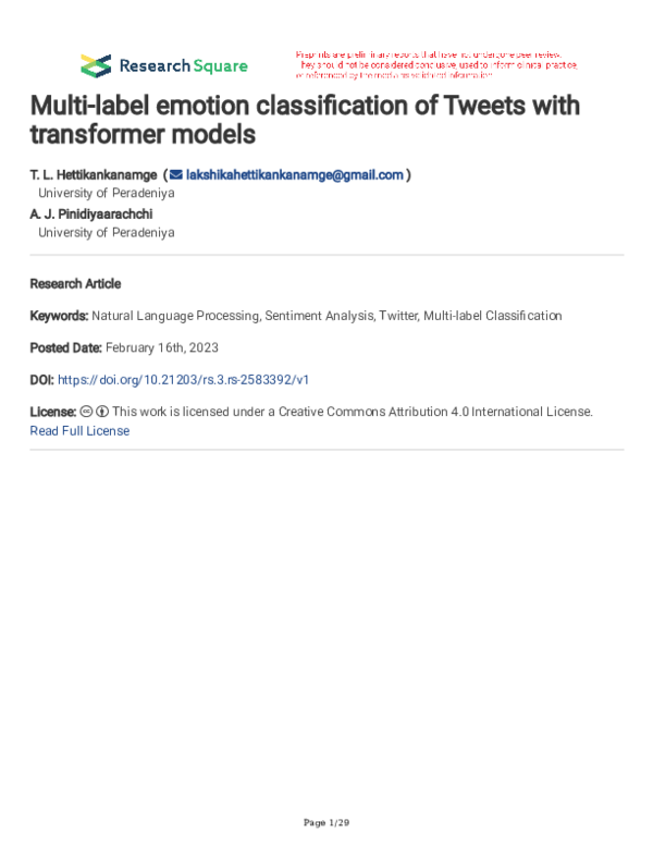 Pdf Emotional Tweet Classification With Transformers