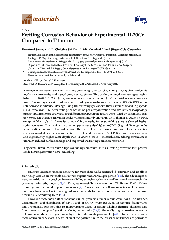 (PDF) Fretting Corrosion Behavior of Experimental Ti-20Cr Compared to ...