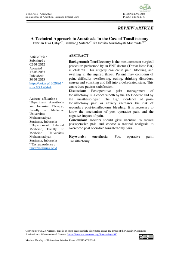 (PDF) A Technical Approach to Anesthesia in the Case of Tonsillectomy