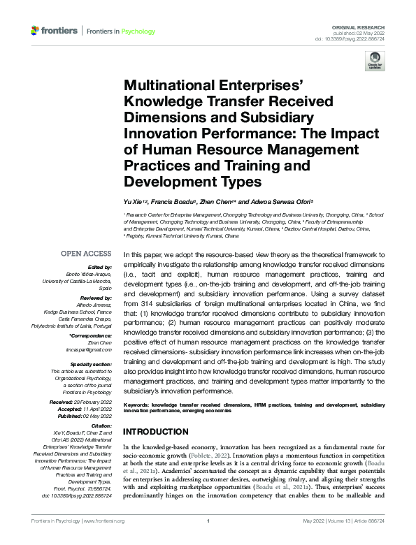 (PDF) Multinational Enterprises’ Knowledge Transfer Received Dimensions and Subsidiary ...