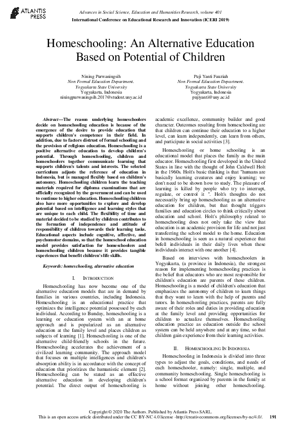 (PDF) Homeschooling: An Alternative Education Based on Potential of ...