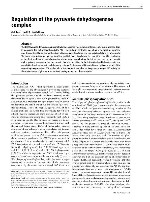 (PDF) Regulation of the pyruvate dehydrogenase complex