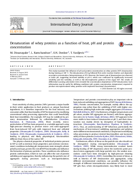 (PDF) Denaturation of whey proteins as a function of heat, pH and ...