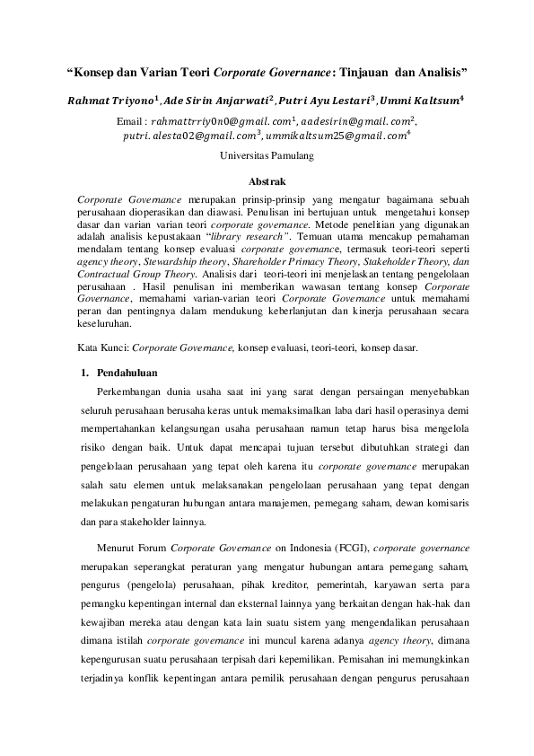 (PDF) ARTIKEL ILMIAH | Konsep dan Varian Teori Corporate Governance: Tinjauan dan Analisis