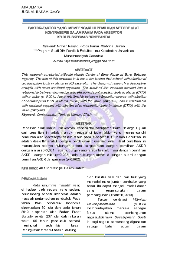 (PDF) Faktor-Faktor Yang Mempengaruhi Pemilihan Metode Alat Kontrasepsi Dalam Rahim Pada ...