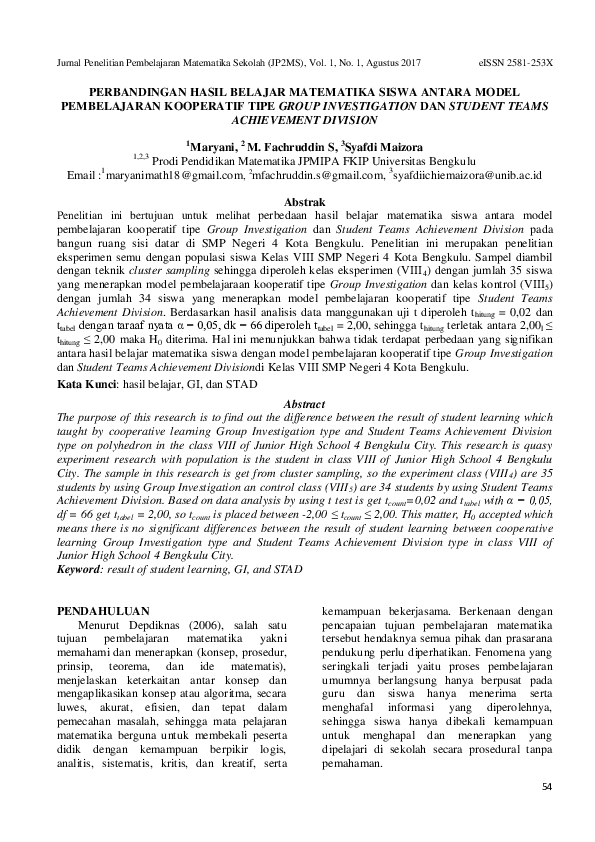 (PDF) Perbandingan Hasil Belajar Matematika Siswa Antara Model Pembelajaran Kooperatif Tipe ...