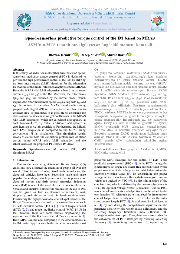 Pdf Speed Sensorless Predictive Torque Control Of The Im Based On Mras Recep Yildiz