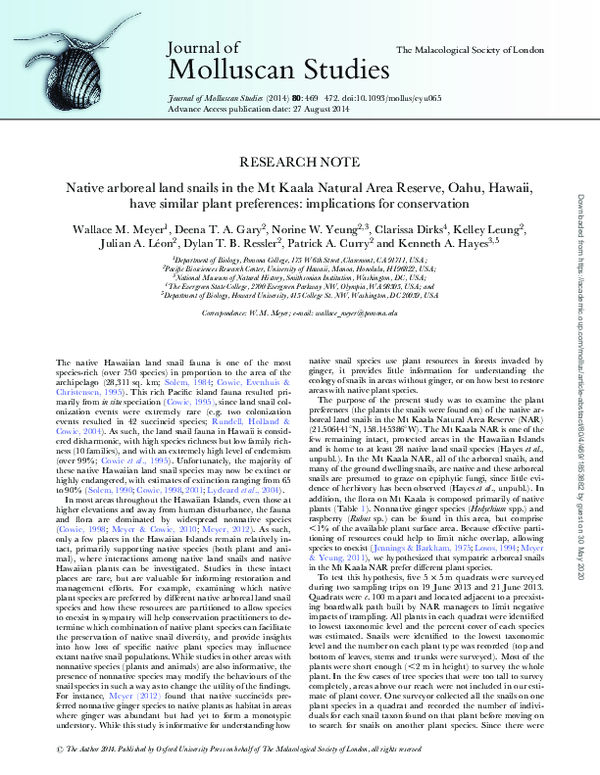 (PDF) Native arboreal land snails in the Mt Kaala Natural Area Reserve ...