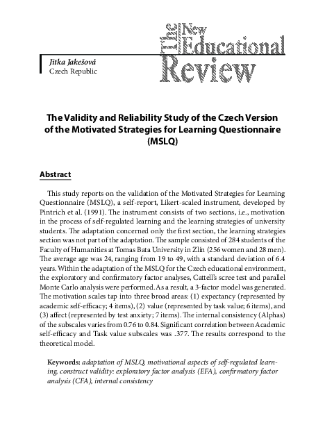 (PDF) The Validity and Reliability Study of the Czech Version of the Motivated Strategies for ...