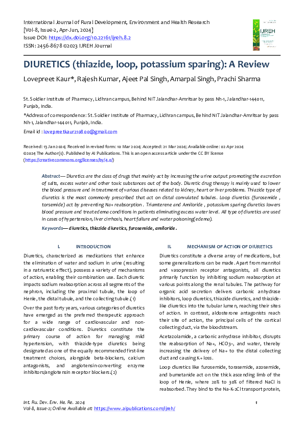 (PDF) DIURETICS (thiazide, loop, potassium sparing): A Review