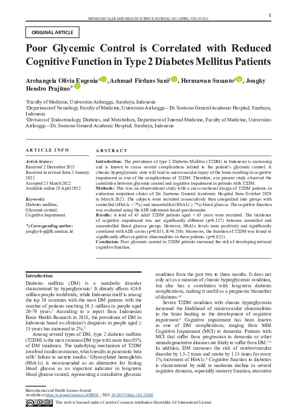 (PDF) Poor Glycemic Control is Correlated with Reduced Cognitive ...