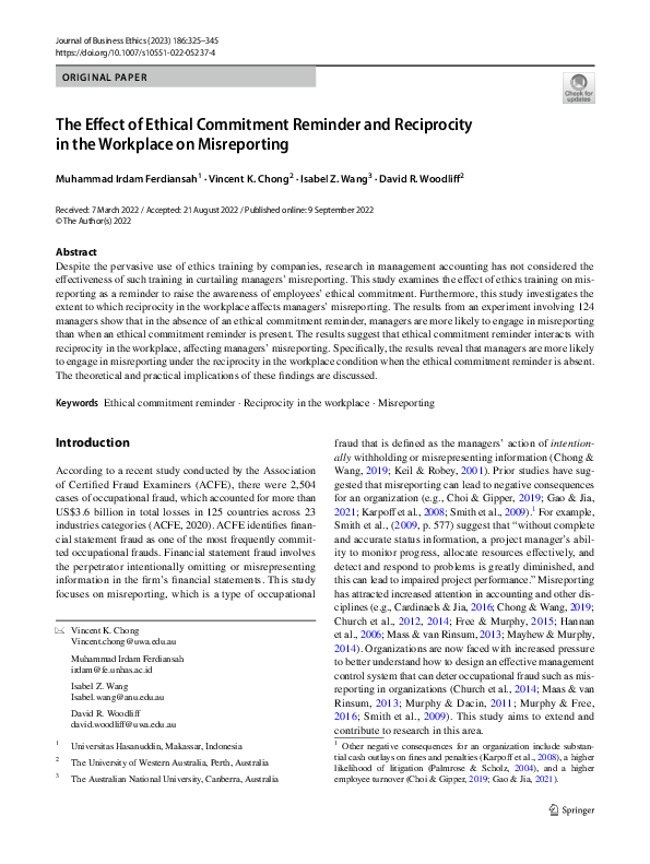 (PDF) The Effect of Ethical Commitment Reminder and Reciprocity in the ...