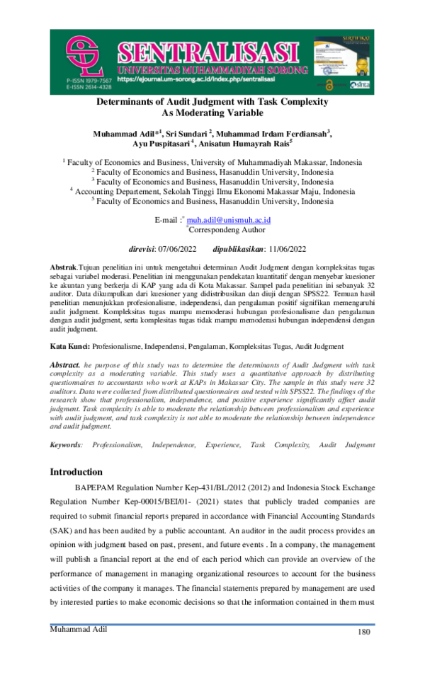 (PDF) Determinants of Audit Judgment with Task Complexity As Moderating Variable