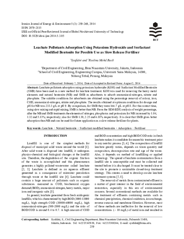 (PDF) Leachate Pollutants Adsorption Using Potassium Hydroxide and ...