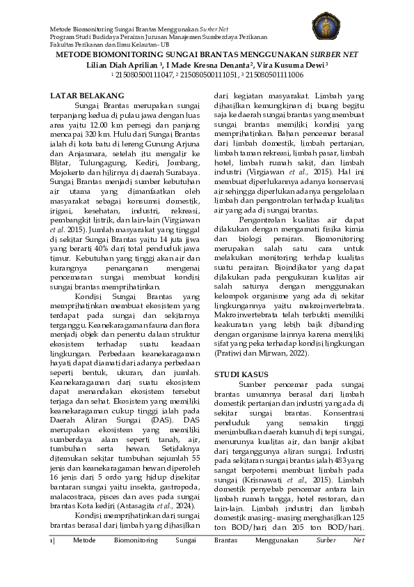 (PDF) Metode Biomonitoring Sungai Brantas Menggunakan Surber Net ...