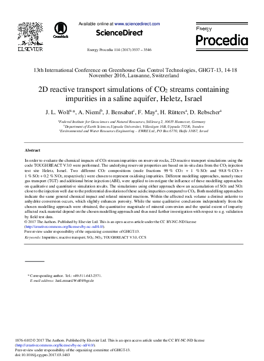 (PDF) 2D Reactive Transport Simulations of CO2 Streams Containing Impurities in a Saline Aquifer ...