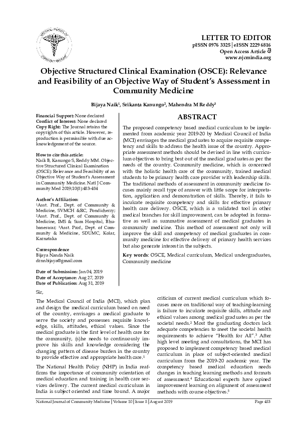 (PDF) Objective Structured Clinical Examination (OSCE): Relevance and ...