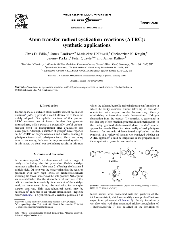 (PDF) Atom transfer radical cyclization reactions (ATRC): synthetic ...