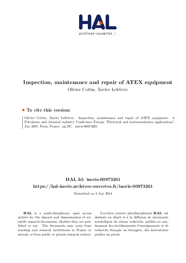 (PDF) Inspection, Maintenance and Repair of ATEX Equipment