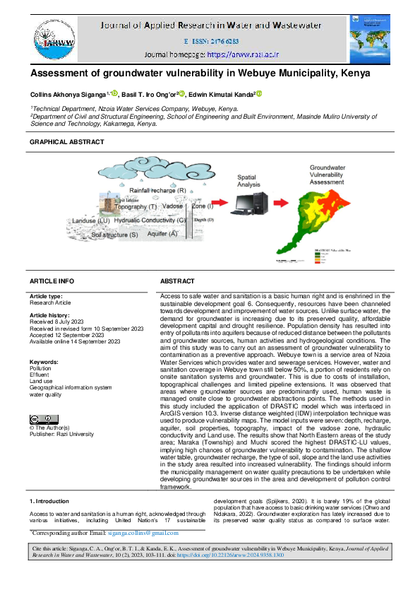 (PDF) Assessment of groundwater vulnerability in Webuye Municipality, Kenya