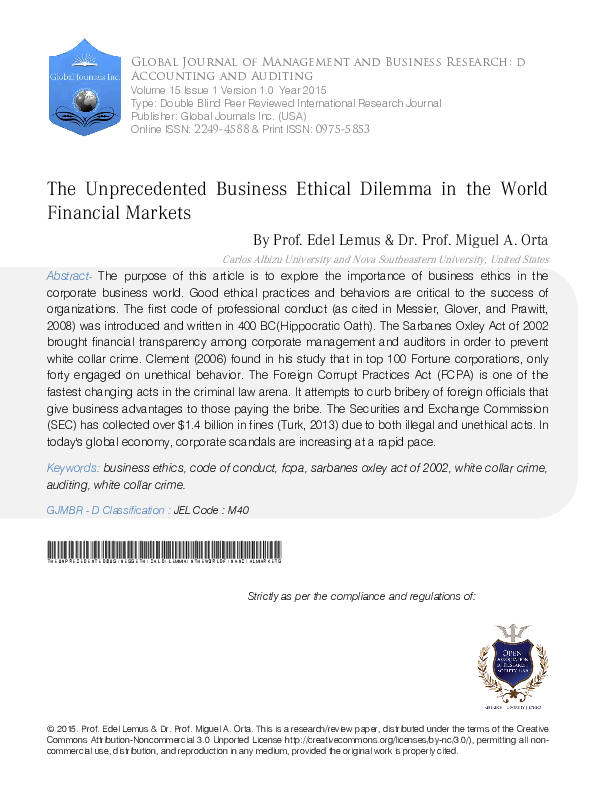 (PDF) The Unprecedented Business Ethical Dilemma in the World Financial ...