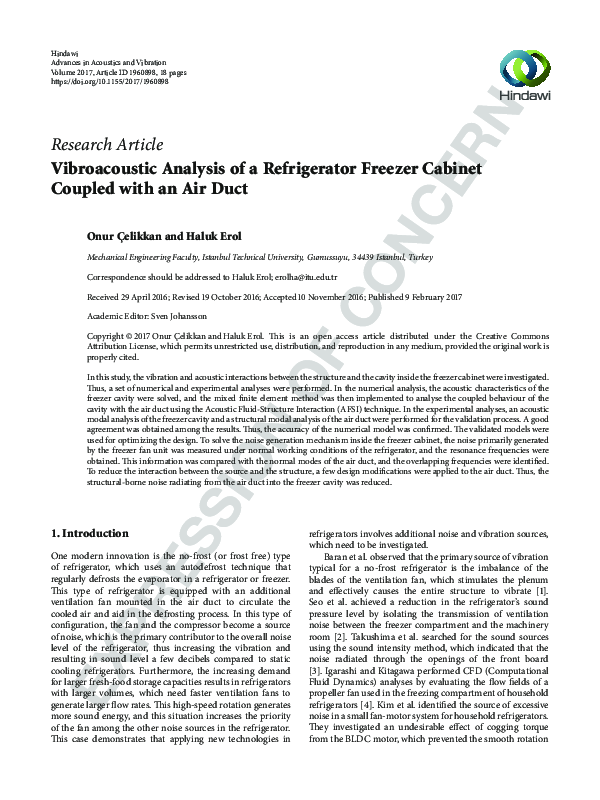 (PDF) Vibroacoustic Analysis of a Refrigerator Freezer Cabinet Coupled with an Air Duct