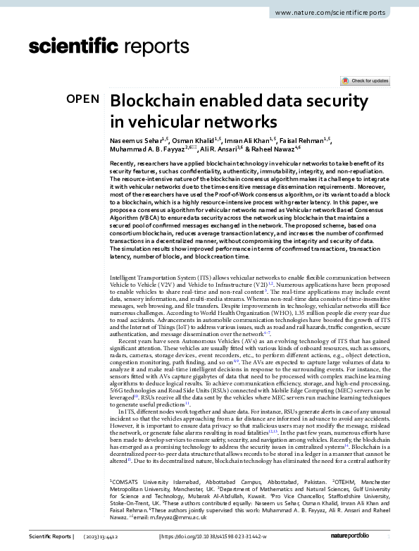 (PDF) Blockchain enabled data security in vehicular networks