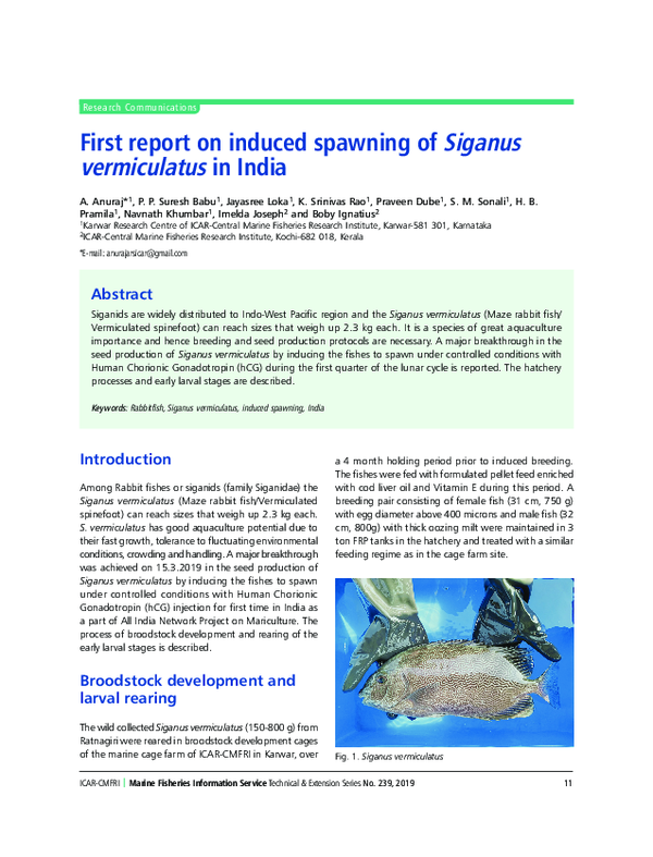 (PDF) First report on induced spawning of Siganus vermiculatus in India