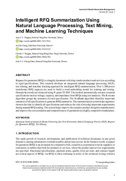 (PDF) Intelligent RFQ Summarization Using Natural Language Processing, Text Mining, and Machine ...