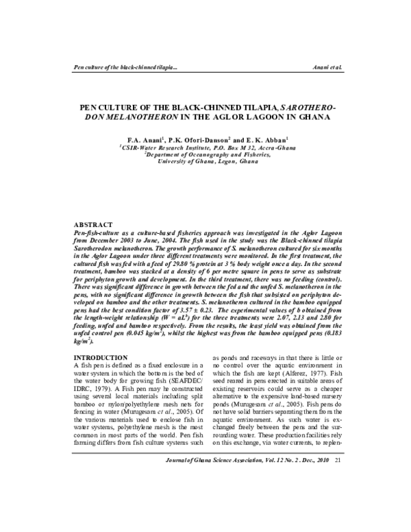 (PDF) Pen Culture of the Black-Chinned Tilapia, Sarotherodon ...