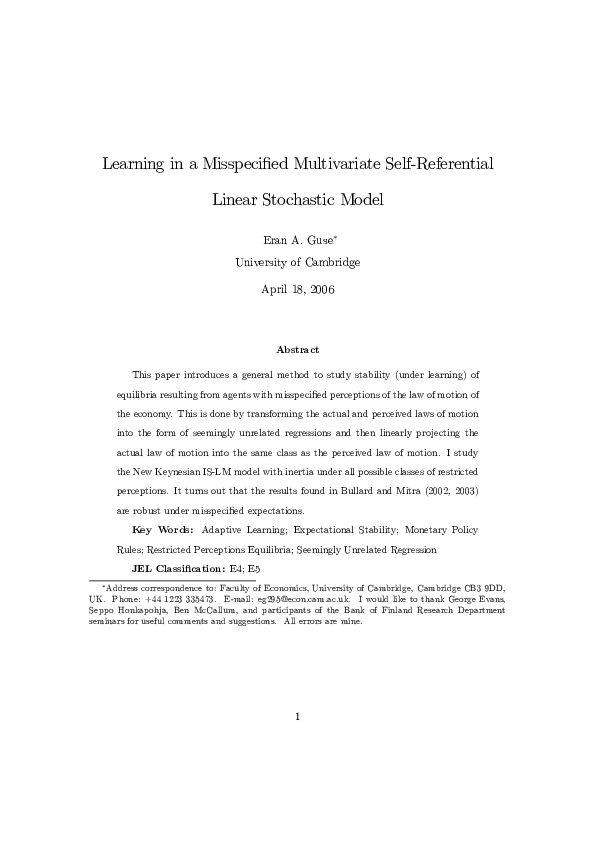 (PDF) Learning in a Misspecified Multivariate Self-Referential Linear Stochastic Model