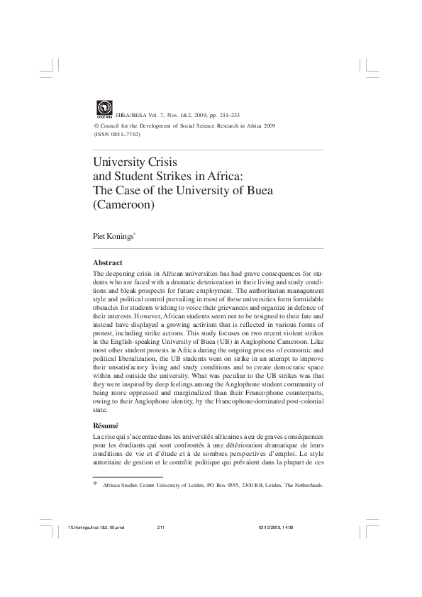 (PDF) University Crisis and Student Strikes in Africa: The Case of the ...